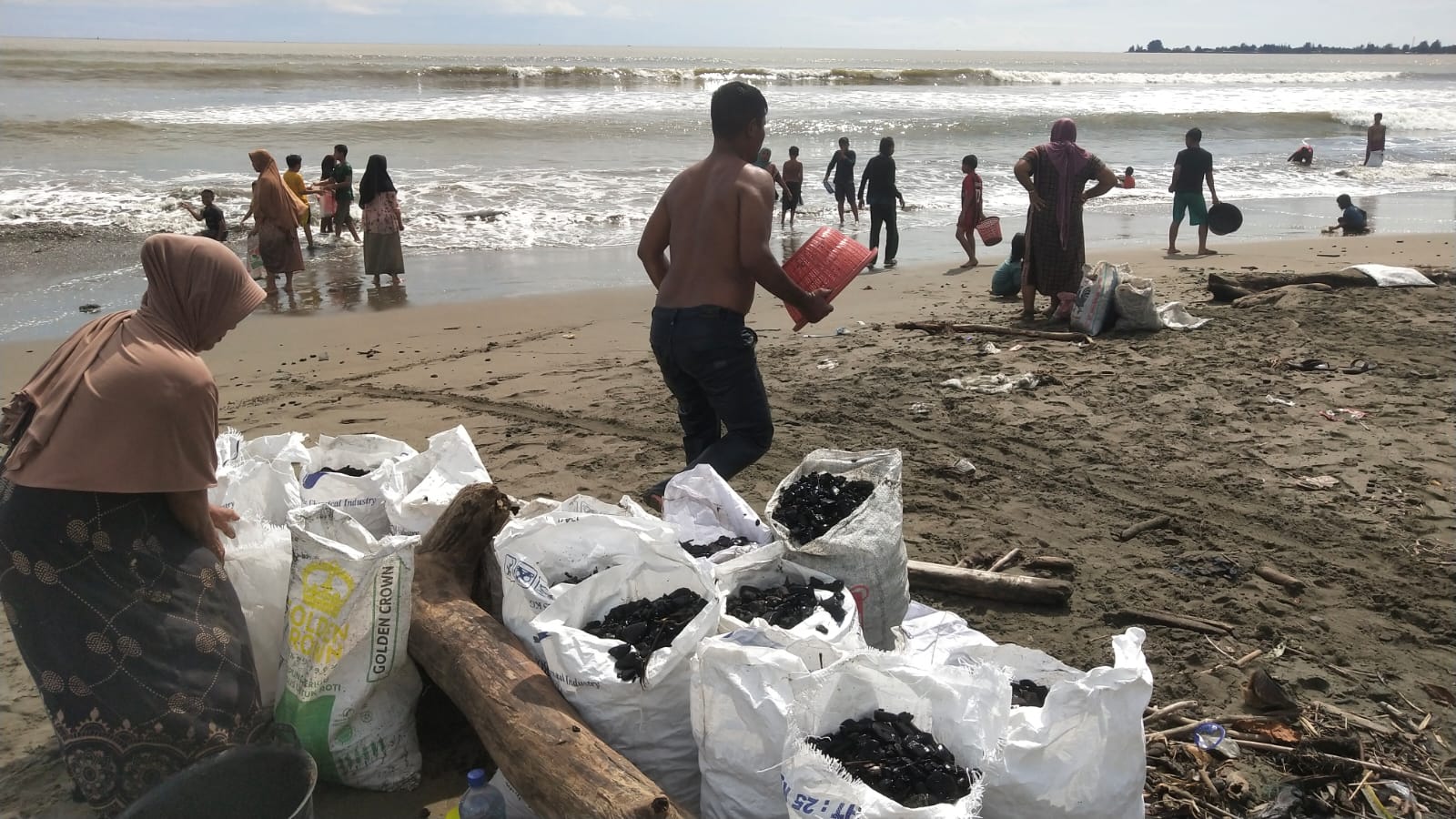 Ratusan Masyarakat di Aceh Barat Pungut Batu Bara yang Mencemari Pantai