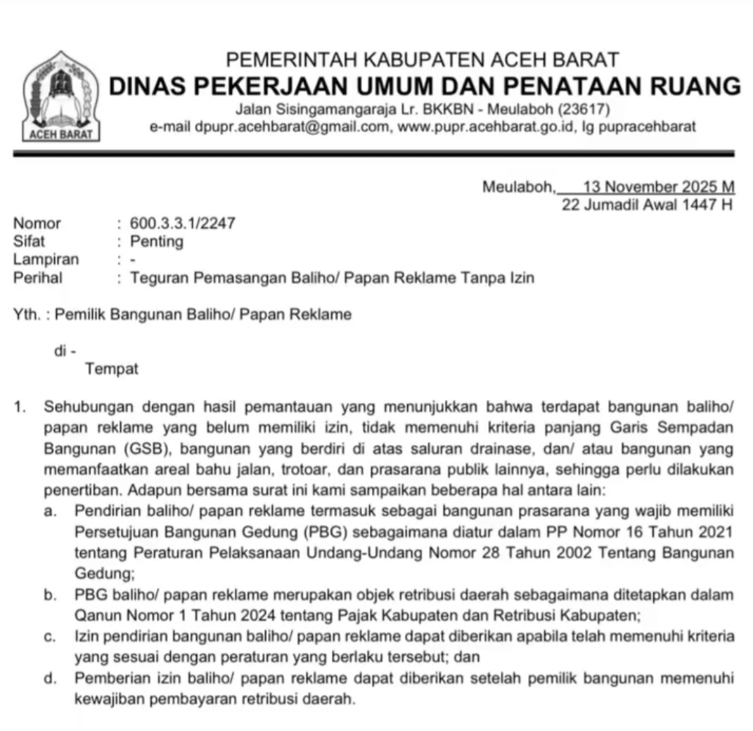 PUPR Aceh Barat Layangkan Teguran kepada Pemilik Baliho Tanpa Izin di ...